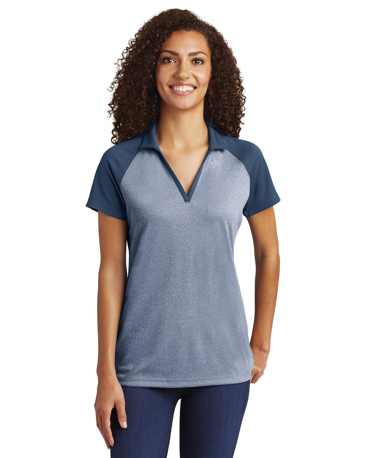 Sport-Tek Ladies PosiCharge RacerMesh Raglan Heather Block Polo. LST641